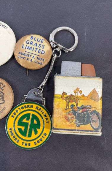 Vintage advertising keychains, lighter,and buttons includes Southern ...