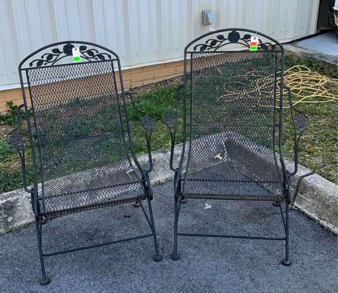 Pair of wrought iron spring rocking chairs, mesh backing/bottom, floral ...