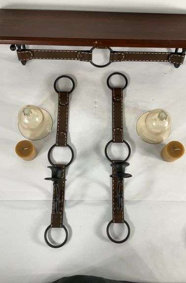 23x6in Western theme wall shelf with matching wall sconces - Hash Auctions