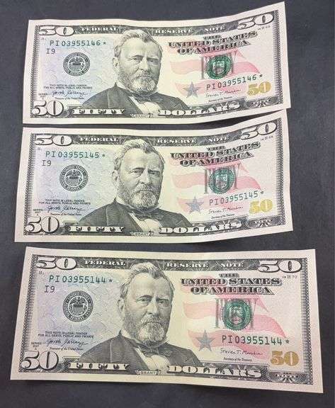 Three $50 star notes 2017A series three consecutive notes, PI03955144 ...