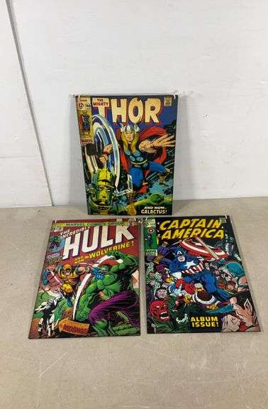 Three Marvel superhero comic cover relief metal signs, 9x13”, Captain ...