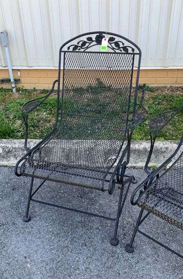 Pair of wrought iron spring rocking chairs, mesh backing/bottom, floral ...