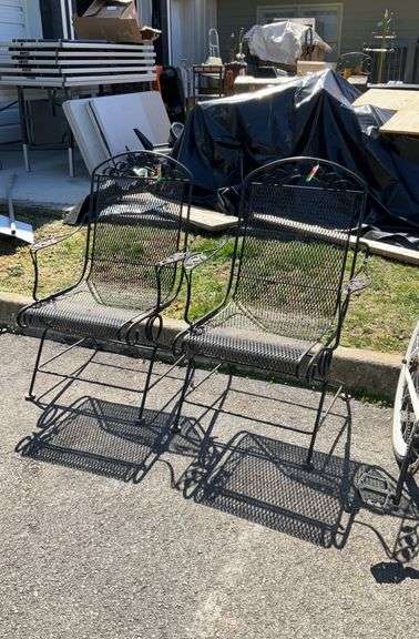 Pair of wrought iron spring rocking chairs, mesh backing/bottom, floral ...