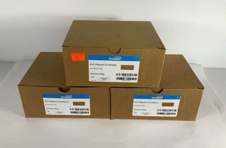 Three boxes of #10 regular envelopes, grocery bag brown, very full ...