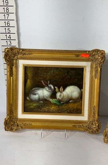 Two beautiful original oil paintings, gold tone frame, bunny rabbits ...