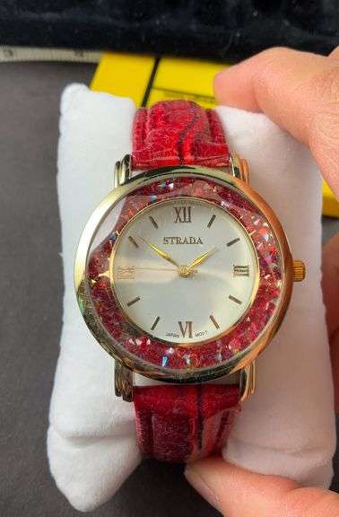 Strada red magic color crystal Japanese movement goldtone watch with ...