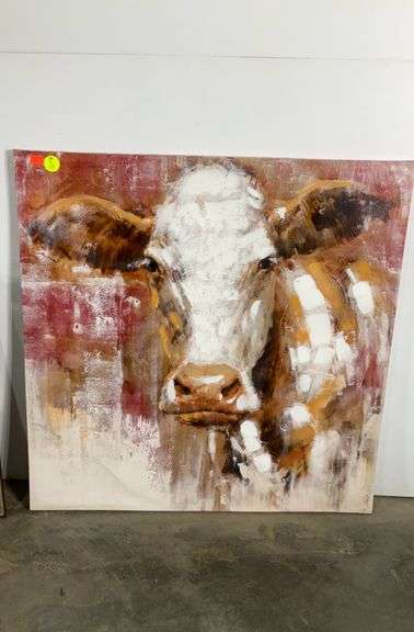 Oversized canvas wall art, cow portrait, texturized, 39x39 - Hash Auctions