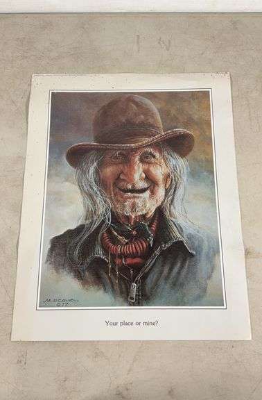 Unframed print, “Your Place or Mine” by M. Scavel, has rip and spots ...