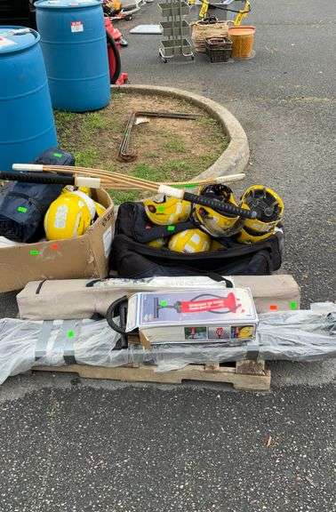 Pallet lot: air pump, safety hats with straps, 10x10 canopy tent ...