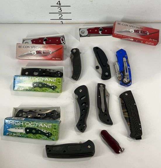 12 pocket knives, includes Matco tools,Re-Con specialist, high Octane ...