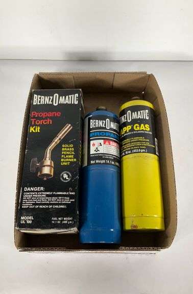 Bernzomatic propane torch kit, propane 14.1oz (partial), and a mapp gas ...