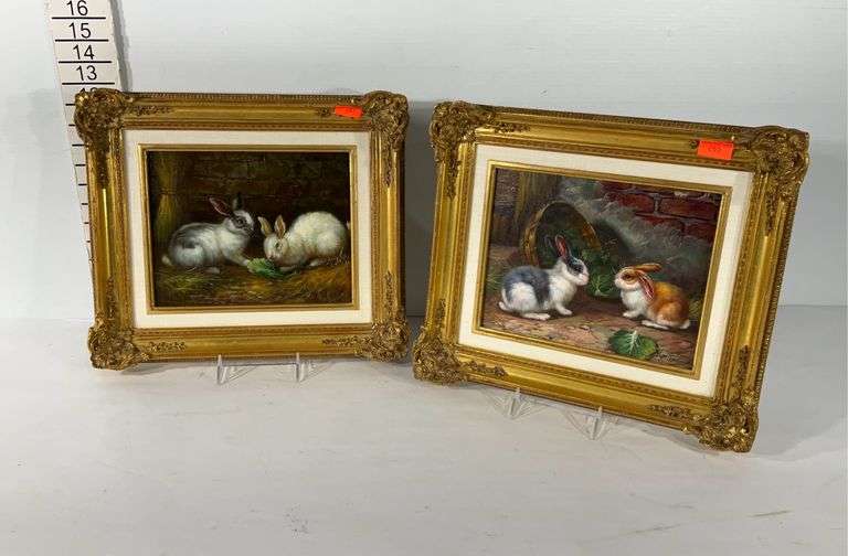 Two beautiful original oil paintings, gold tone frame, bunny rabbits ...