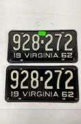 1962 Virginia set of tags/license plates. - Hash Auctions