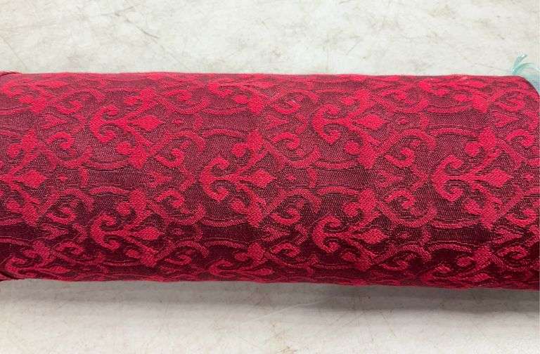 Roll of red patterned upholstery fabric, 57” wide - Hash Auctions