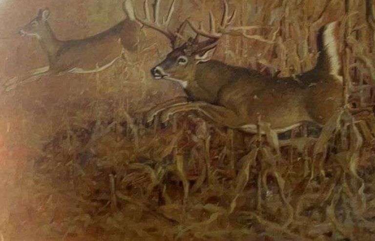 Framed print, Breaking Cover buck and doe, 34x26 - Hash Auctions