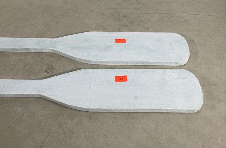 Two wooden wall decor paddles painted white, 30” - Hash Auctions