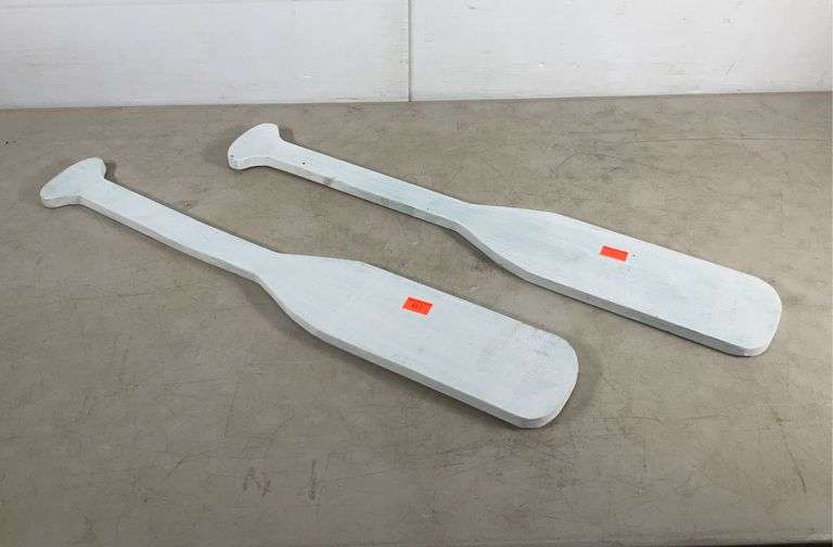 Two wooden wall decor paddles painted white, 30” - Hash Auctions
