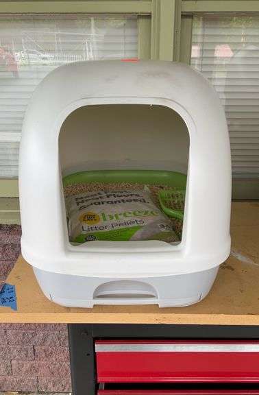 Kitty litter bin, with slide open door with bag of litter pellets and ...