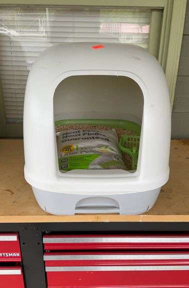 Kitty litter bin, with slide open door with bag of litter pellets and ...