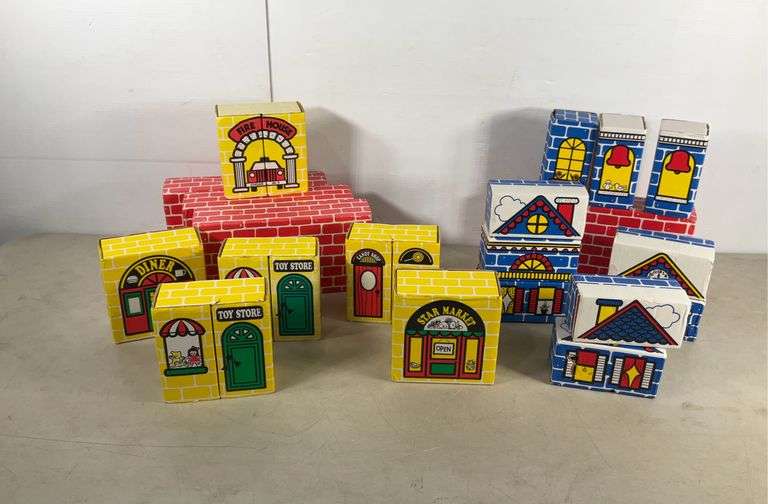 Kid’s cardboard building blocks, brick patterns and store/home designs ...