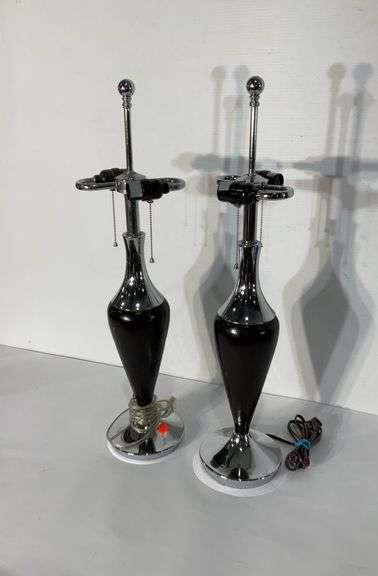 Two sleek modern wood and silver tone table lamps, no shades - Hash ...