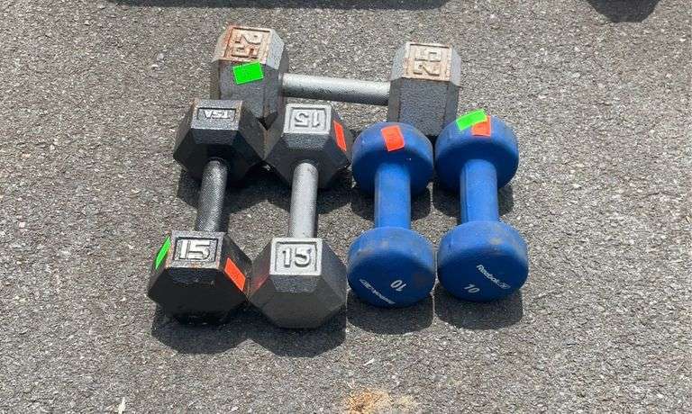 Dumbbell Weights, two 15#, one 25# steel, two 10# Reebok foam exterior ...