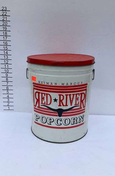 Red River popcorn tin with metal drop handles, 14”H x 12”dia - Hash ...