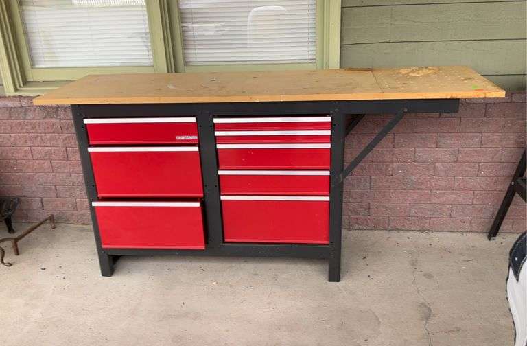Craftsman workbench, with eight drawers, wooden top, 71”L x 20”W x 33”H ...