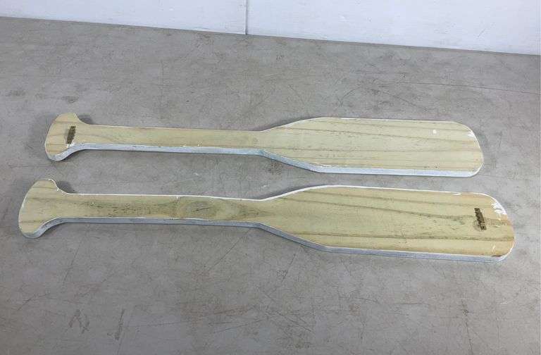 Two wooden wall decor paddles painted white, 30” - Hash Auctions