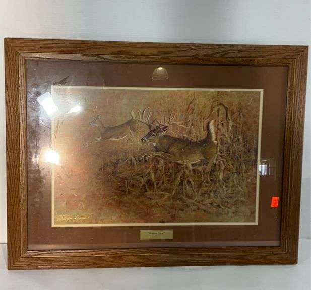 Framed print, Breaking Cover buck and doe, 34x26 - Hash Auctions