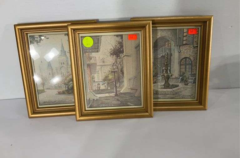 Three framed prints, town scenes, 12x14.5 - Hash Auctions