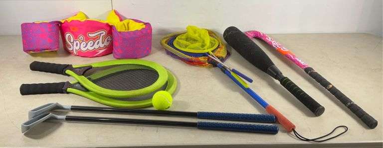 Kid’s sports group, foam bat, field hockey stick, bug nets, Speedo swim ...