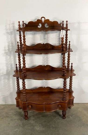 Walnut victorian curio shelf, single drawer at nottom shelf, scalloped ...