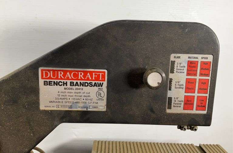Duracraft bench bandsaw model 20412, variable speed, motor runs, no ...