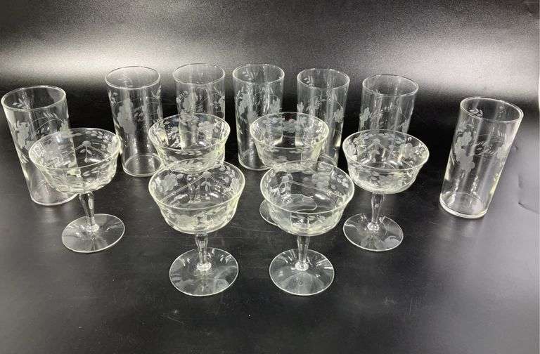 13 piece clear etched glass stemware. Tumblers and champagne. - Hash ...