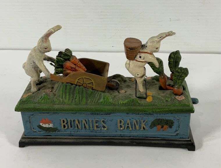 Bunnies Bank cast iron coin bank, 8.5in long - Hash Auctions