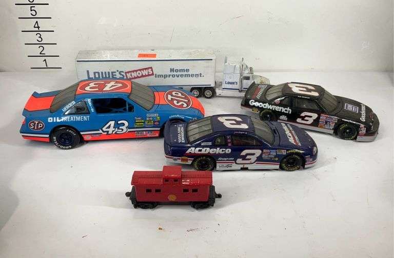 Toy cars, #43 nascar, two #3 Earnhardt, shell train car, and a Lowe’s ...