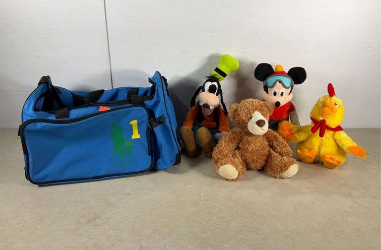 Duffle bag with jockey design and plushes, including Mickey Mouse and ...