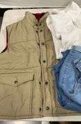 One box of clothes and other. Women’s shorts size 18, stained vest, ect ...