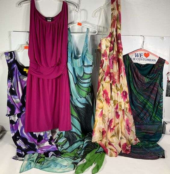 Group of five women’s dresses. One has tags attached. Sizes 8-12. Donna ...