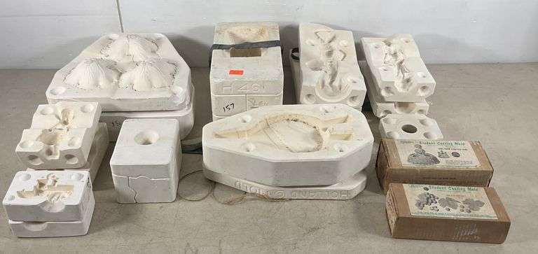 Group of ceramic slip cast molds, sleigh, baby, geisha, river boat ...