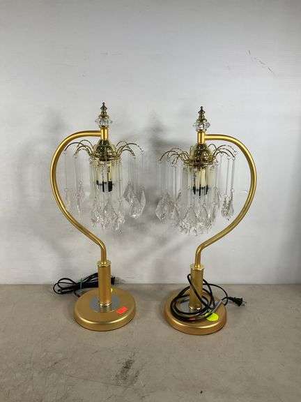 Pair of gold colored table lamps with glass prisms, 24” tall - Hash ...