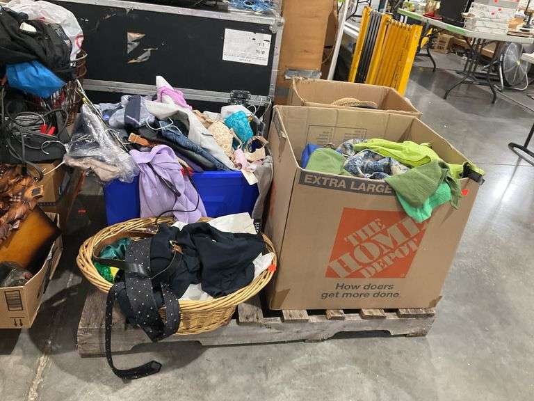Pallet lot of clothes: shirts, pants, belts, ties, bras, hats, plus ...