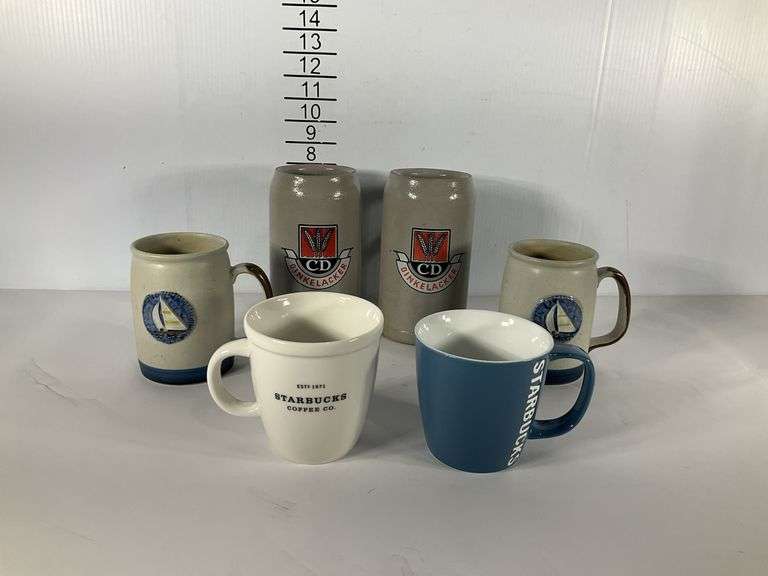 Two Starbucks 14oz coffee mugs, two CD Dinkelacker beer steins made in ...