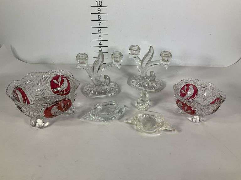 Glass and crystal group. Two Glasbake deviled egg crab dishes, two ...