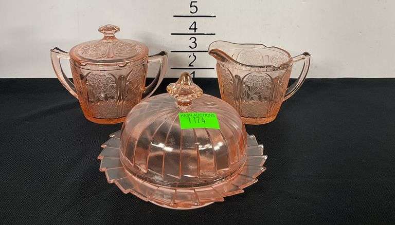 Pink sierra/pinwheel butter dish and pink depression glass cream and ...