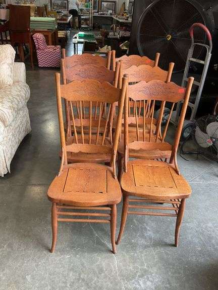 Set of 6-Antique Oak Chairs, pressed back head rests, dovetailed wooden ...