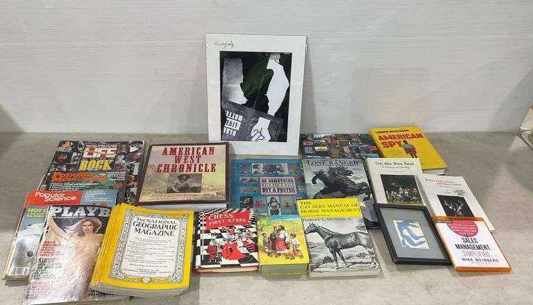 Group of reading material, 1981 Playboy, Lone Ranger book, American spy , BLM print by J Kimo ...