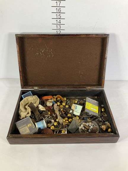 Hinged wood box filled with miscellaneous sewing items. Buttons, thread ...