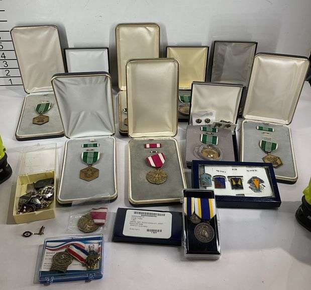 Plastic container full of military medals and pins - Hash Auctions